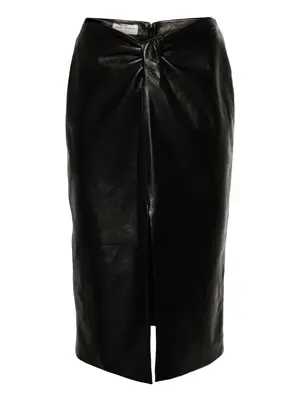 Saint Laurent Gathered Leather Midi Skirt - Black