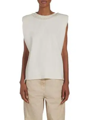 GOLDEN GOOSE Imitation Pearl Embellished Cotton Tank - Melange Grey/heritage White