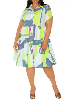 BUXOM COUTURE Print Tiered Shirtdress - Grey Multi