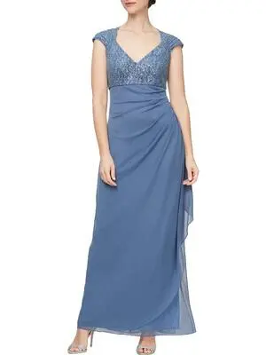 Alex Evenings Sequin Lace Bodice Empire Waist Gown - Wedgewood