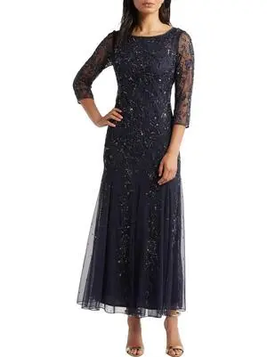 Pisarro Nights Floral Beaded Tulle Gown - Jbs Slate