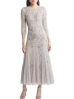 Pisarro Nights Floral Beaded Tulle Gown - Silver 040