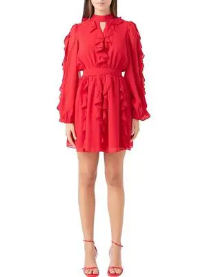 Endless Rose Ruffle Detail Long Sleeve Chiffon Minidress - Red
