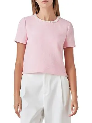 Endless Rose Imitation Pearl Trim Tweed Top - Pink