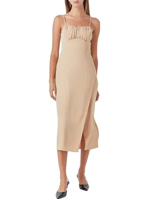 Endless Rose Endless Rose Ruched Bust Midi Dress Khaki