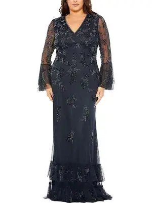 Mac Duggal V-neck Embellished Tiered Gown - Midnight