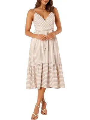 PETAL & PUP Odette Stripe Midi Dress - Beige Stripe