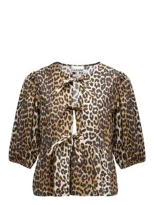 GANNI Printed Self-tie Peplum Blouse - Leopard