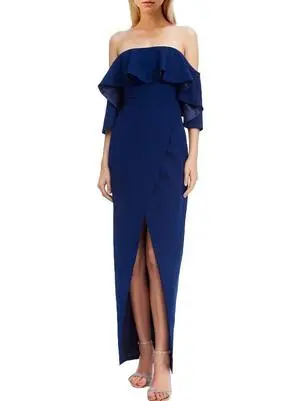 Badgley Mischka Jewel Badgley Mischka Ruffle Off The Shoulder Gown Navy