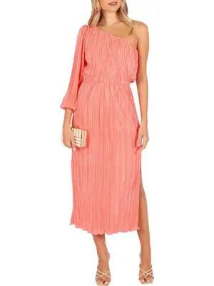 PETAL & PUP Pleated One-shoulder Midi Dress - Coral