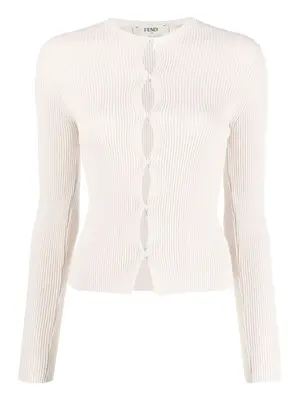 Fendi Ribbed-knit Cotton-blend Cardigan - Neutrals