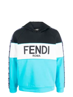 Fendi Logo-print Hoodie With Monogram Band - Blue