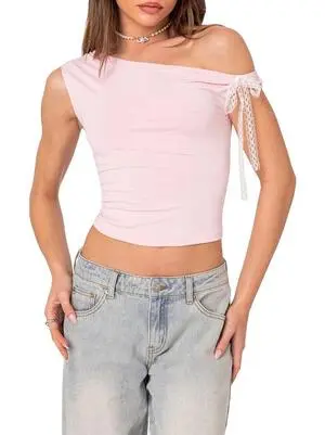 EDIKTED Lace Bow One-shoulder Top - Pink