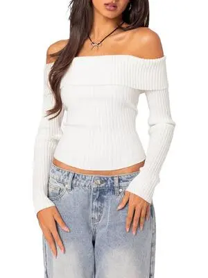 EDIKTED Lauren Foldover Off-the-shoulder Ribbed Sweater - White