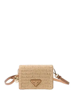 Prada Raffia-effect Crochet Card Holder With Shoulder Strap - Natural