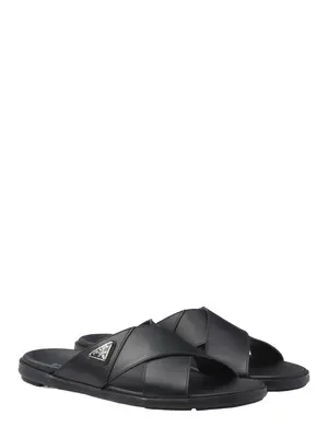 Prada Leather Crisscross Slides - Black