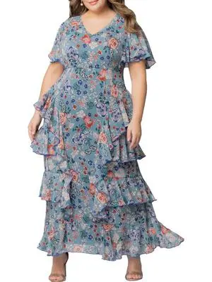 KIYONNA Tour De Flounce Tiered Maxi Dress - Blue Garden Print