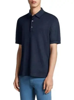 Zegna Honeycomb Short Sleeve Silk Polo - Blue