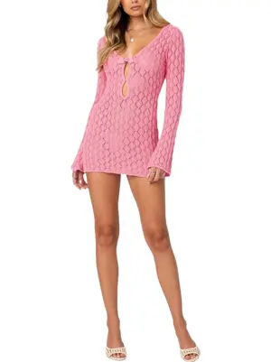 EDIKTED Crochet Mini Dress With Cut Out Pink