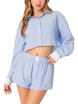 EDIKTED Lea Cropped Button Up Shirt - Light Blue