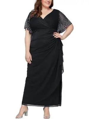 Alex Evenings Rhinestone Sleeve Chiffon Gown - Black