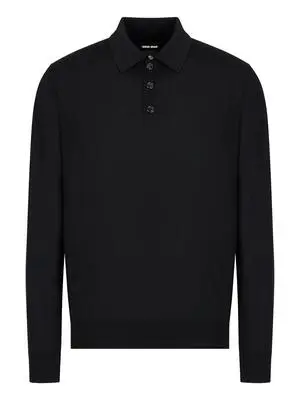 Giorgio Armani Long-sleeved Polo Shirt In Virgin Wool - Black
