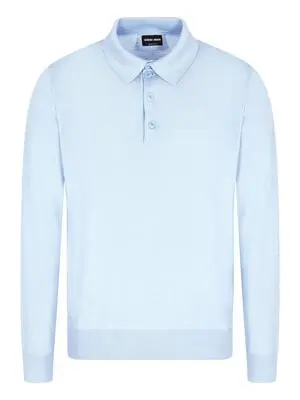 Giorgio Armani Long-sleeved Polo Shirt In Virgin Wool - Light Blue