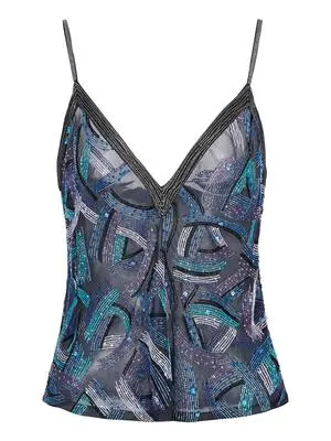Giorgio Armani Embroidered Silk Organza V-neck Top - Patterned
