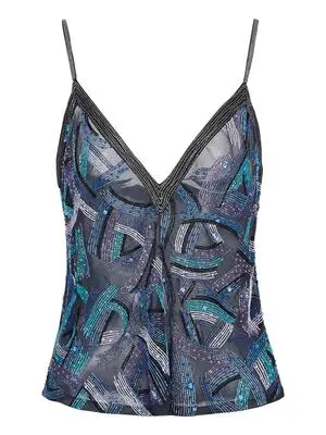 Giorgio Armani Embroidered Silk Organza V-neck Top - Patterned