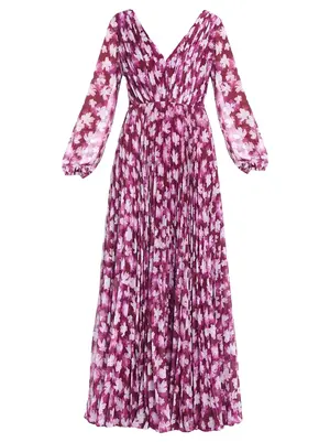 MONIQUE LHUILLIER Floral-Print Pleated Maxi Dress
