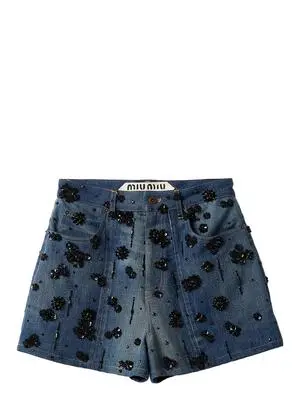 Miu Miu Embellished Denim Shorts - Navy