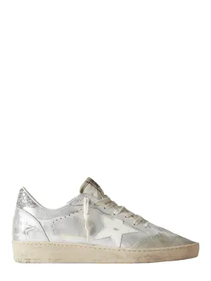 GOLDEN GOOSE Ballstar Glittered Distressed Leather Sneakers - Silver