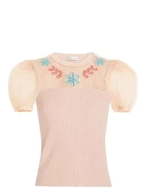 Red Valentino Embroidered Point D'esprit And Ribbed-knit Top - Blush