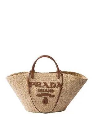 Prada Large Raffia And Leather Shopper Bag - Beige/cognac