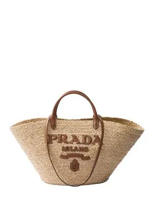 Prada Large Raffia And Leather Shopper - Neutral