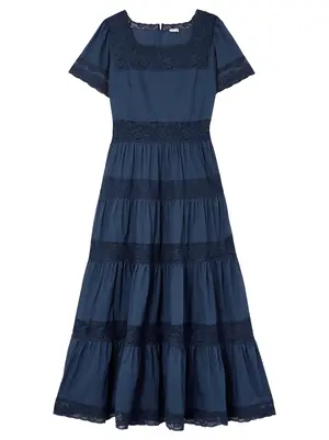 LORETTA CAPONI Tiered Lace-trimmed Cotton-poplin Midi Dress