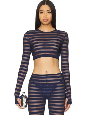 Norma Kamali Cropped Long Sleeve Crewneck Top - True Navy