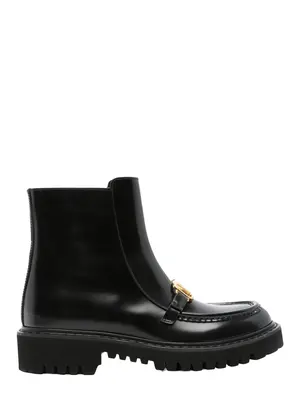 Valentino Garavani Vlogo Leather Flat Ankle Boots - Black