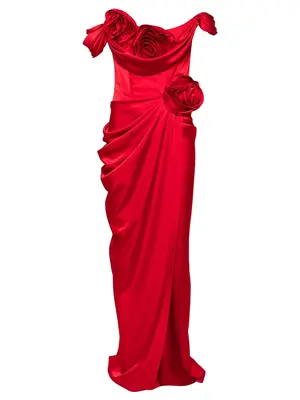 ANA RADU Floral-appliqué Draped Gown - Red
