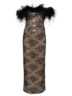 NISSA Lace-overlay Feather-trim Gown - Black