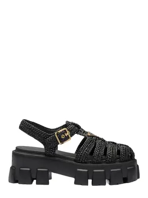 Prada Caged Flatform Raffia Sandals - Black