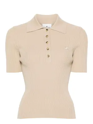 COURREGES Logo-patch Ribbed Polo Top - Neutrals
