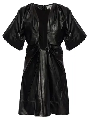 Victoria Beckham Pleated Leather Minidress - Black