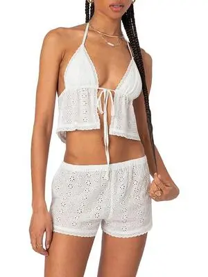 EDIKTED Eyelet Tie Front Halter Top - White