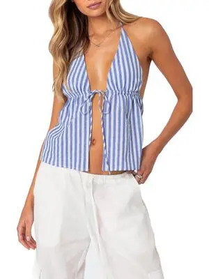 EDIKTED Madelyn Stripe Halter Top - Blue-and-white