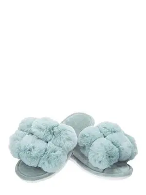 MEMOI Luxe Faux Fur Pom Slipper - Sea Blue