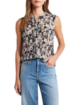 APNY Print Chiffon Sleeveless Top - Black/ White Multi