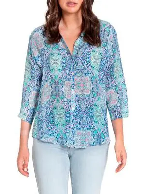 APNY APNY Print Mandarin Collar Chiffon Button-up Top Blue Multi