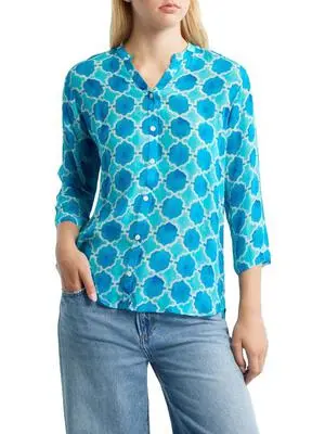 APNY APNY Print Mandarin Collar Chiffon Button-up Top Turquoise