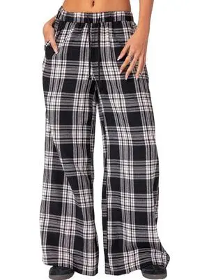 EDIKTED Plaid Wide Leg Pants - Black-and-white